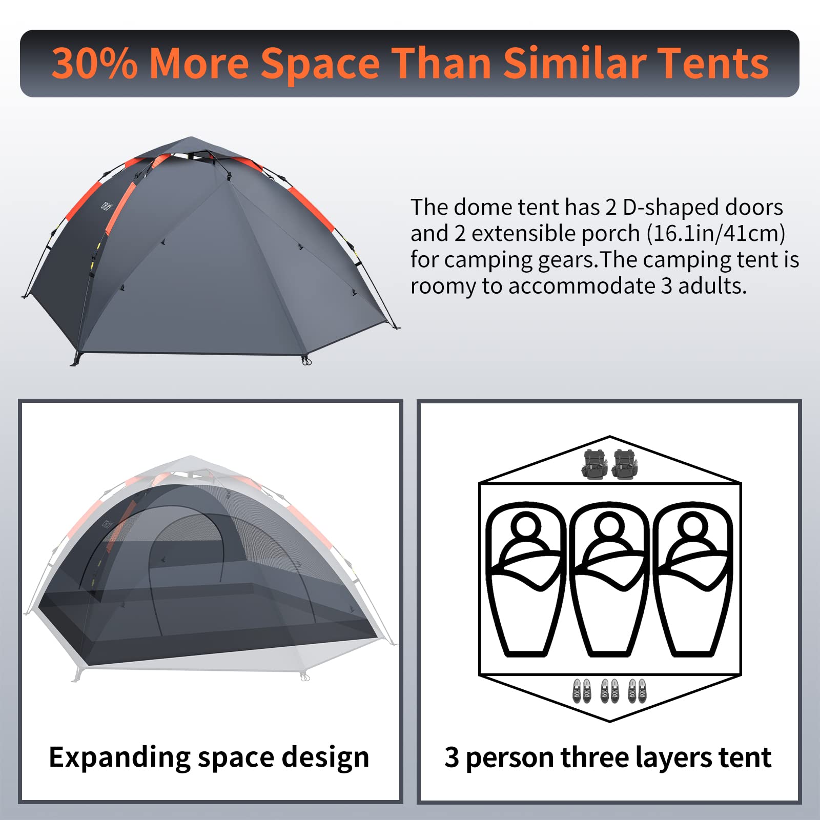 Cflity Camping Tent, 3 Person Instant Pop Up Tent Waterproof Three Layer Automatic Dome Tent, Large Lightweight 4 Seasons Tent, Backpacking Tent with Removable Rain-Fly 2 Extensible Porch for Camping