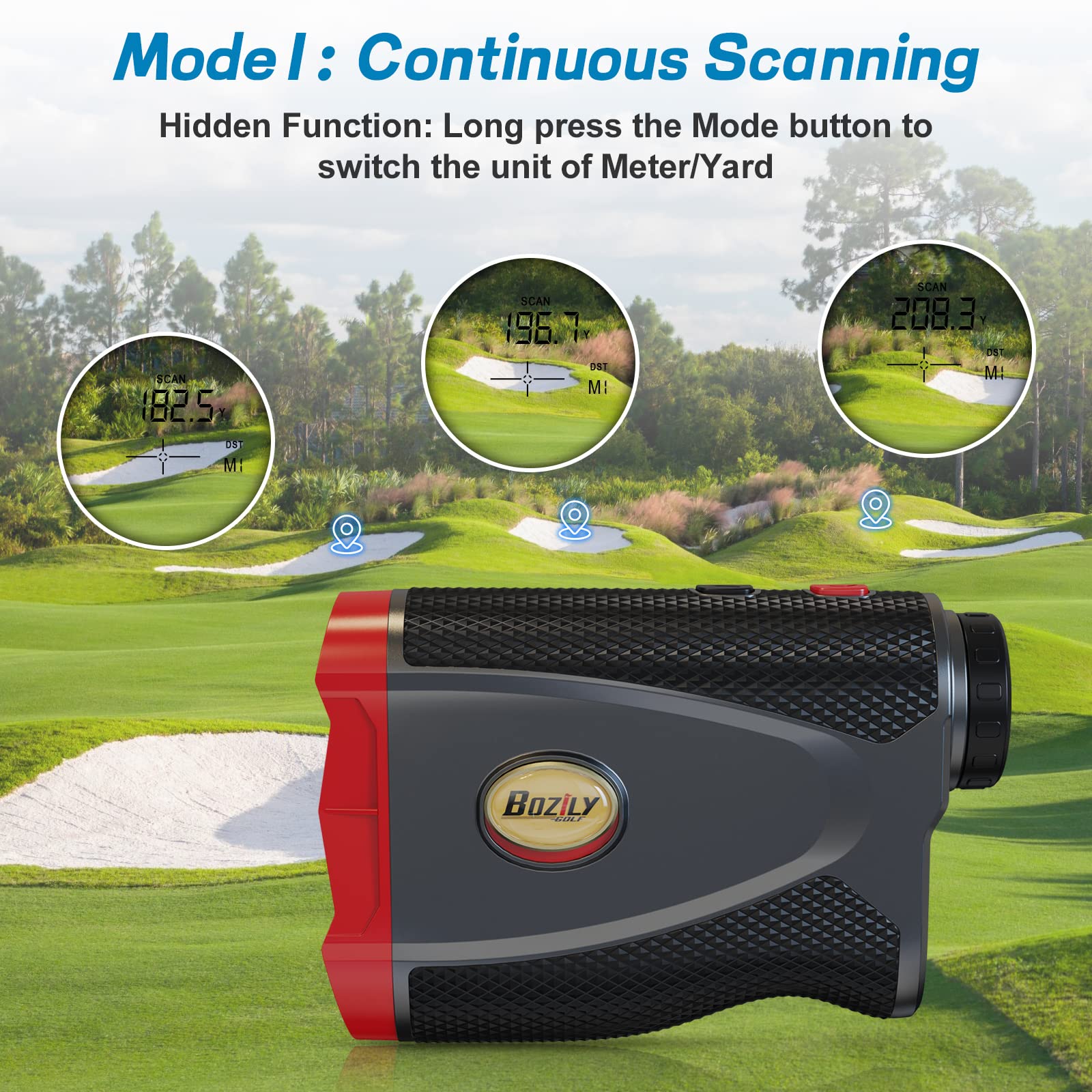 Bozily Golf Rangefinder with Slope, 6X Rechargeable Laser Range Finder with Charging Cord, 1200 Yards Flag-Lock, Slope ON/Off, Continuous Scan Support - Tournament Legal Golf Rangefinder