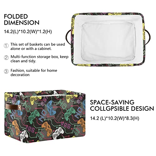 Joysticks Gamepad Grunge Fabric Storage Bin for Organizing Basket for Shelves Closet Nursery Toy Collapsible Storage Cubes Box with Leather Handle