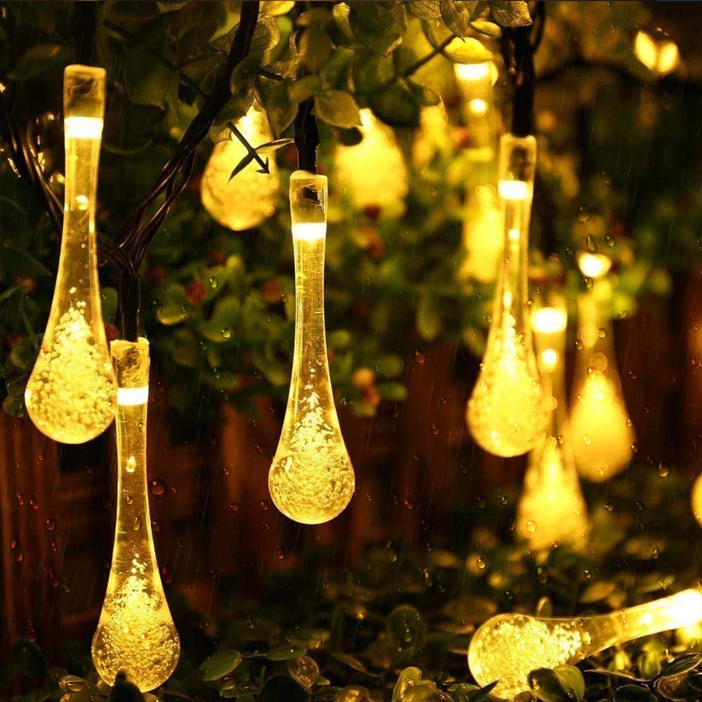 SEYEON Solar String Lights Water Drop Decorative Lights String Waterproof Outdoor Garden Fairy Lights for Patio, Yard, Home, Parties 2-Pack (Warm White)
