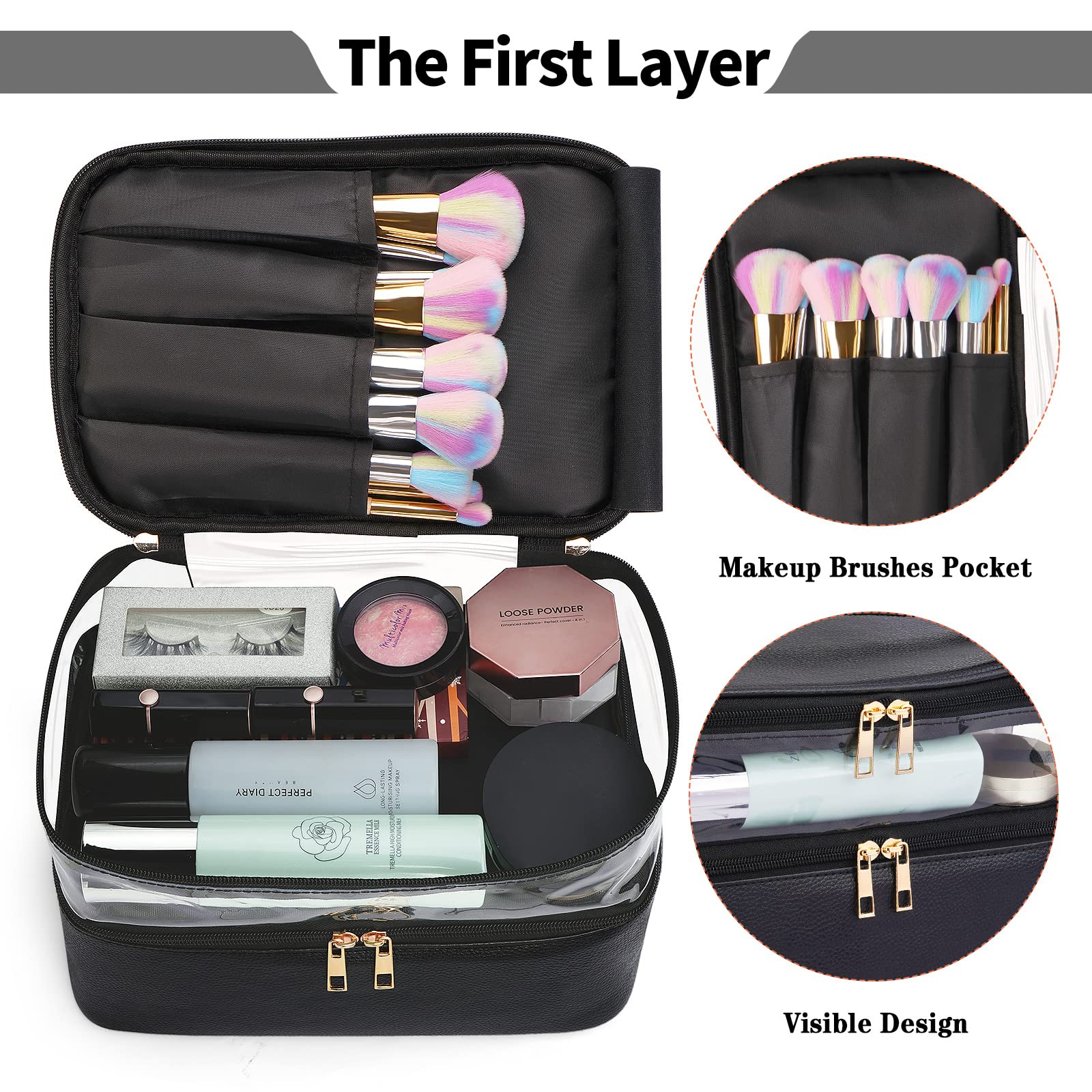 MAGEFY 2 PCS Travel Cosmetic Bags Leather Double Layer Organizer Clear Toiletry Bag Black Makeup Bags for Women Gifts with Adjustable Dividers