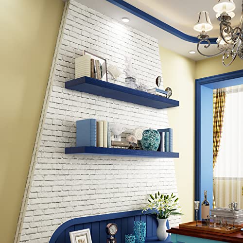 Habudda Floating Shelves, Wall Decor Wood Shelf for Bathroom Bedroom Kitchen Living Room Hanging Mounted Storage, Extra Long 35.5 Inch Set of 2, Wooden Rustic Navy Blue