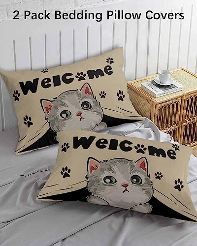 Edwiinsa Funny Cute Cat Pillow Covers Standard Size Set of 2 20x26 Bed Pillow, Black Paws Rustic Retro Beige Plush Soft Comfort for Hair/Skin Cooling Pillowcases with Envelop Closure