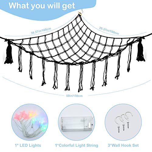 Stuffed Animal Net Or Hammock With Led Light, Animal Hammock Corner Holder, Toy Plush Net Wall Hanging Net Storage Ideas Organizer, For Nursery Play Room Kids Bedroom (Black)