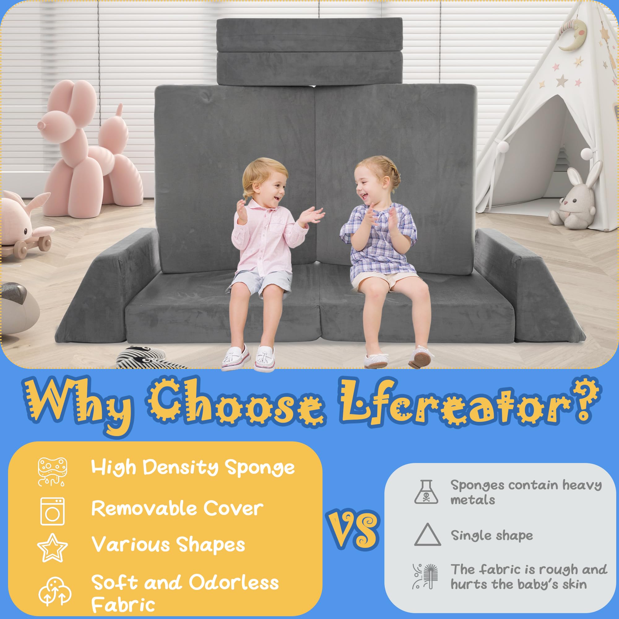 LFCREATOR Modular Kids Couch Sofa,Kids Sofa Couch for Toddler and Baby Playroom/Bedroom, Toddler & Baby Couch for Play & Lounging,Ideal for Boys & Girls. Model