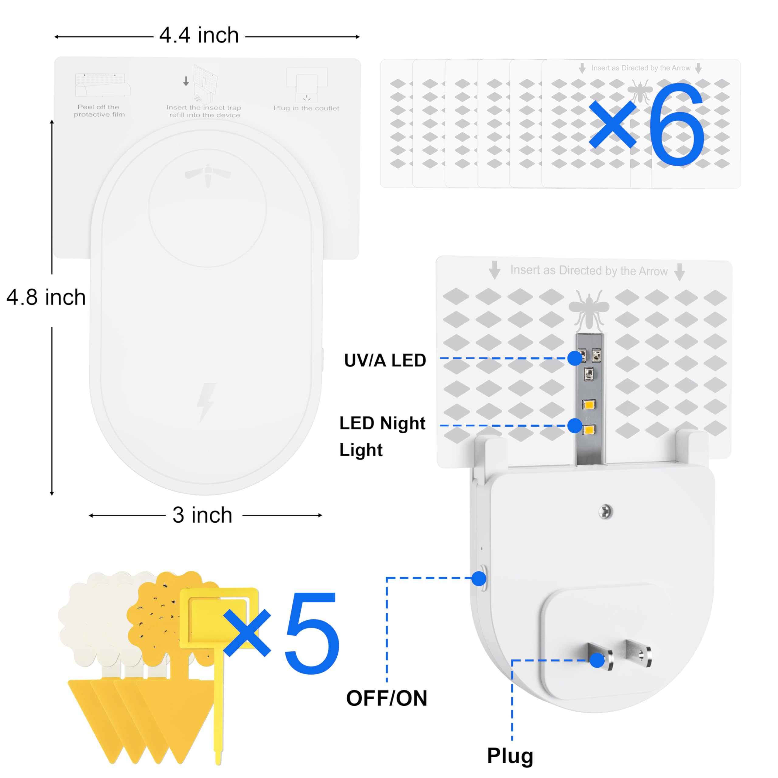 Fly Trap Indoor, Fruit Fly Traps for Indoors with Night Light and UV Light, Plug-in Flying Insect Trap for Mosquito, Flies, Fruit Flies, Gnats, Moths with 4 Sticky Traps (2 Device + 12 Glue Cards)