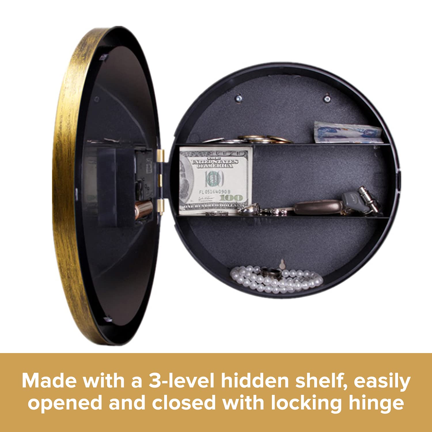 MCM Style Wall Clock & Hidden Safe Box in One - 10β Gold Wall Safe Clock - Concealment Furniture with Hidden Compartments - Wall Mount Clock w/Hidden Storage Shelf - Disguised Safe