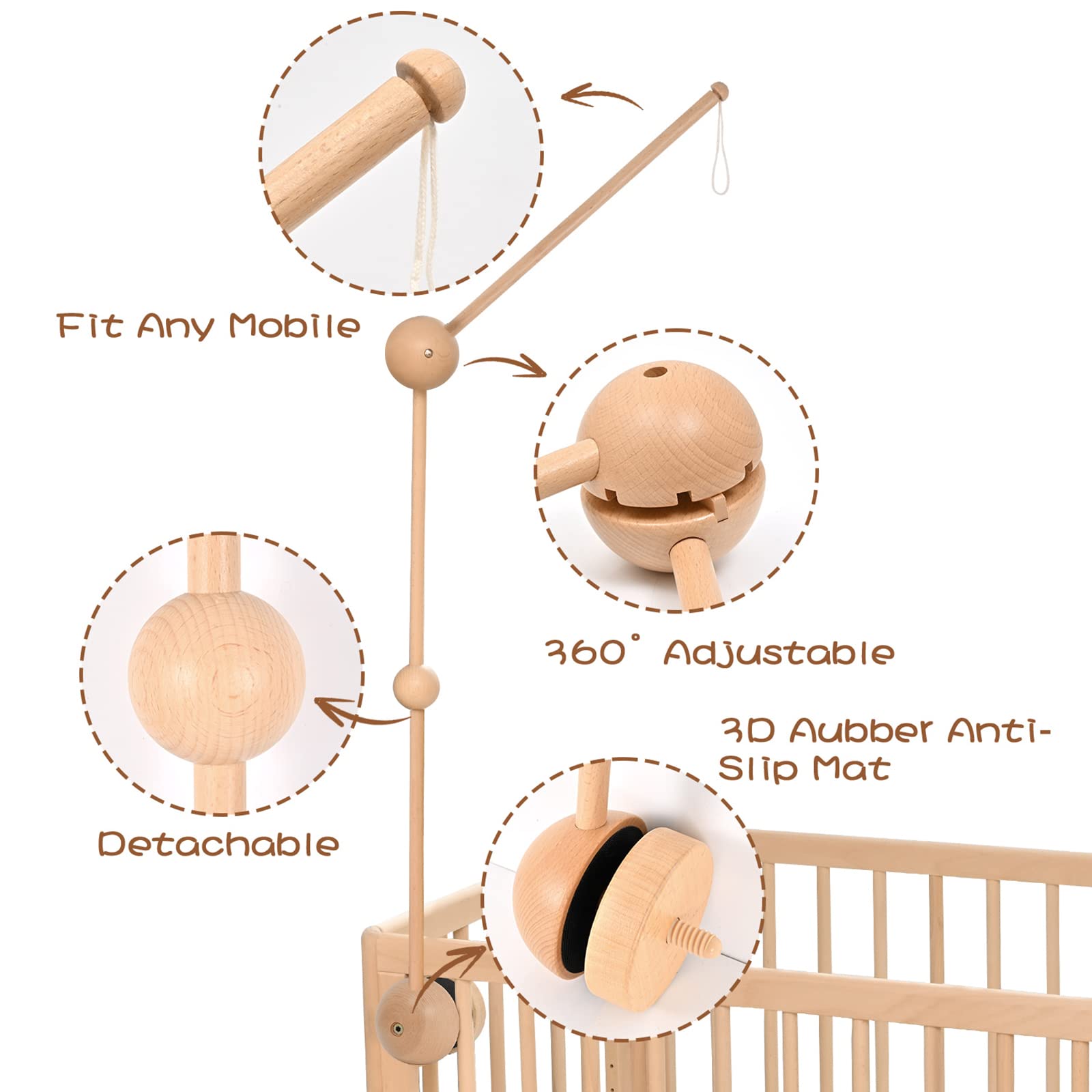 Crib Mobile Arm -30 Inch Mobile Hanger, Baby Mobile Holder for Nursery, 2 X 360° Adjustable Angle, Strong 3D Rubber Anti Slip Attachment,100% Natural Beech Wooden