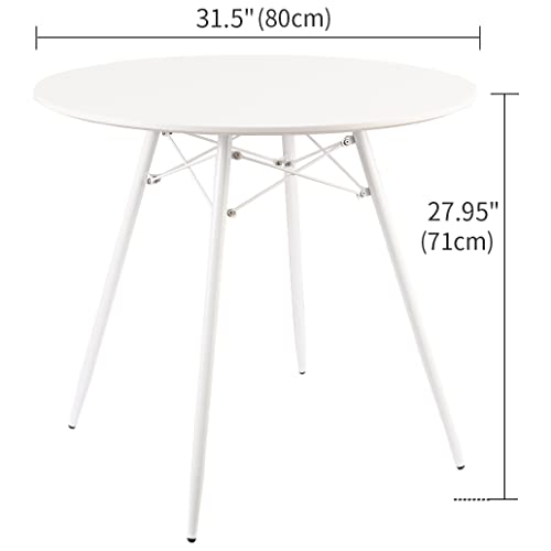 RokiaTek Round Dining Table Dia 31.5" Wood Top Metal Legs Simple Modern Leisure Table for Kitchen Dining Room Cafe Office Conference Coffee Room 2 to 4 People, White