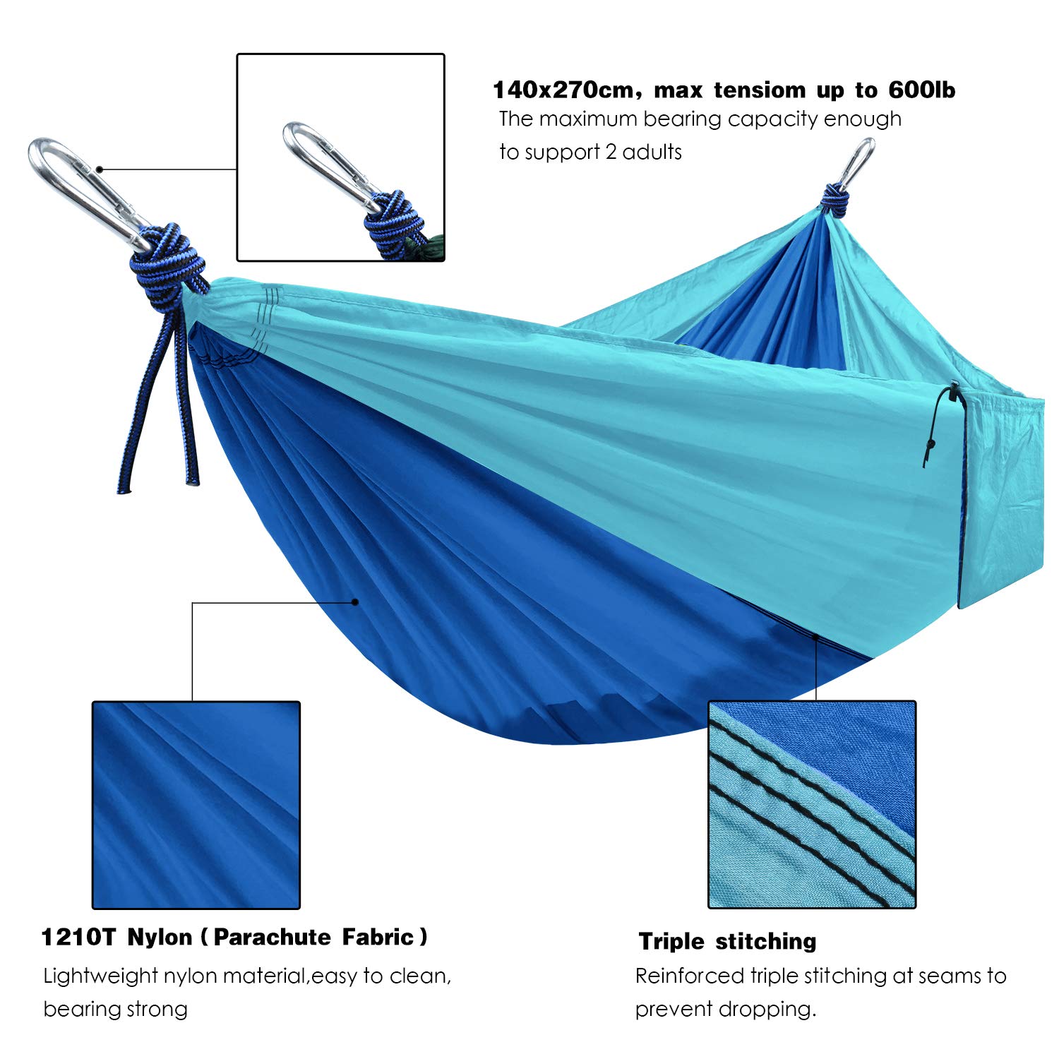 Camping Hammock, Double & Single Hammock with Bug Net/Mosquito, with Travel Portable Tree Straps and Carabiners, Easy Assembly, Lightweight Parachute Nylon Hammocks for Backpacking, Beach, Hiking