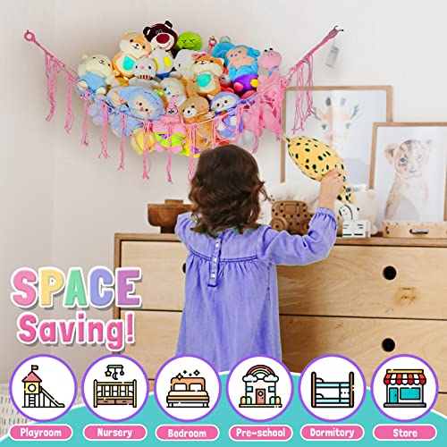Stuffed Animal Hammock Storage with lights, 2 Pack Hanging Plush Net Hammock for Dolls, Teeniewins Wall Corner Net Holder with Dual Mode Star Light, Jumbo Toys Hammock for Nursery, Bedroom Decor