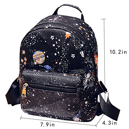 CLARA Fashion Mini Backpack Star Universe Space Printing Travel Bag PU Leather Casual Daypack Small Satchel Black