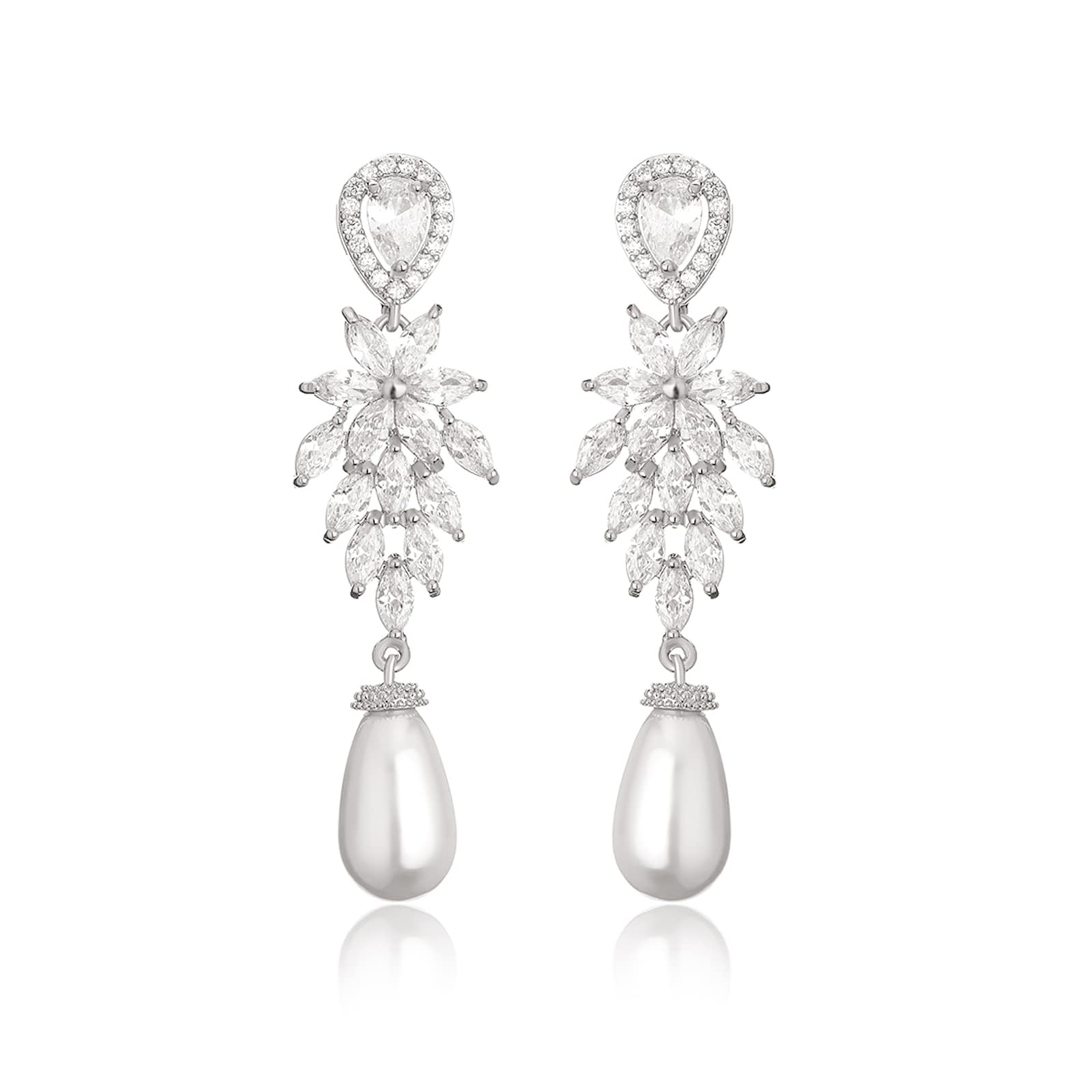 Cubic Zirconia Pearl Drop Wedding Earrings for Brides Bridesmaids, Pearl Drop Earrings for Women Parties, weddings, appointments. (Silver)