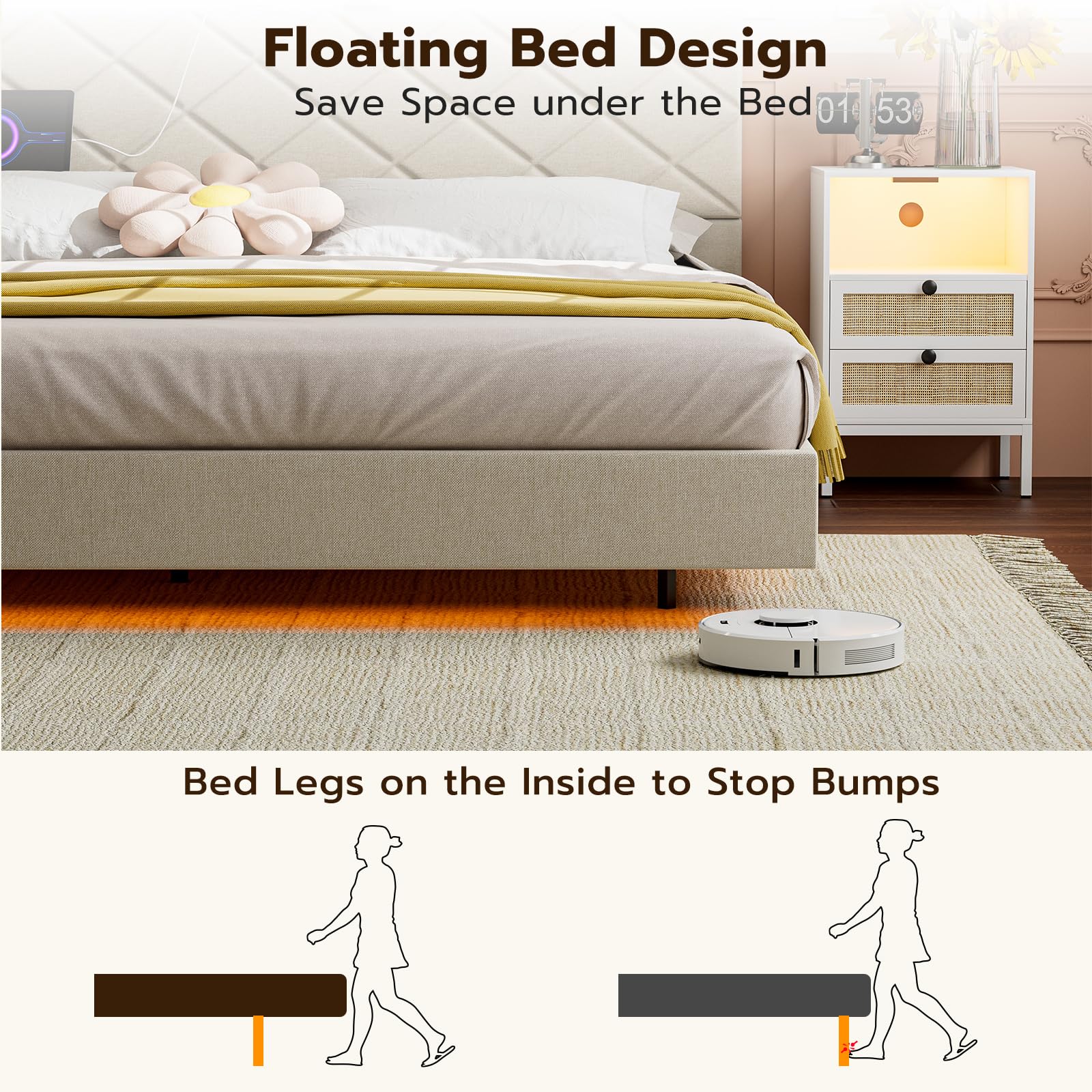 IKIFLY Floating Bed Frame Full Size with 2 USB Ports - Modern Upholstered Linen Full Platform Bed with LED Lights, No Box Spring Needed, Solid Wood Slats, Easy Assembly - Beige
