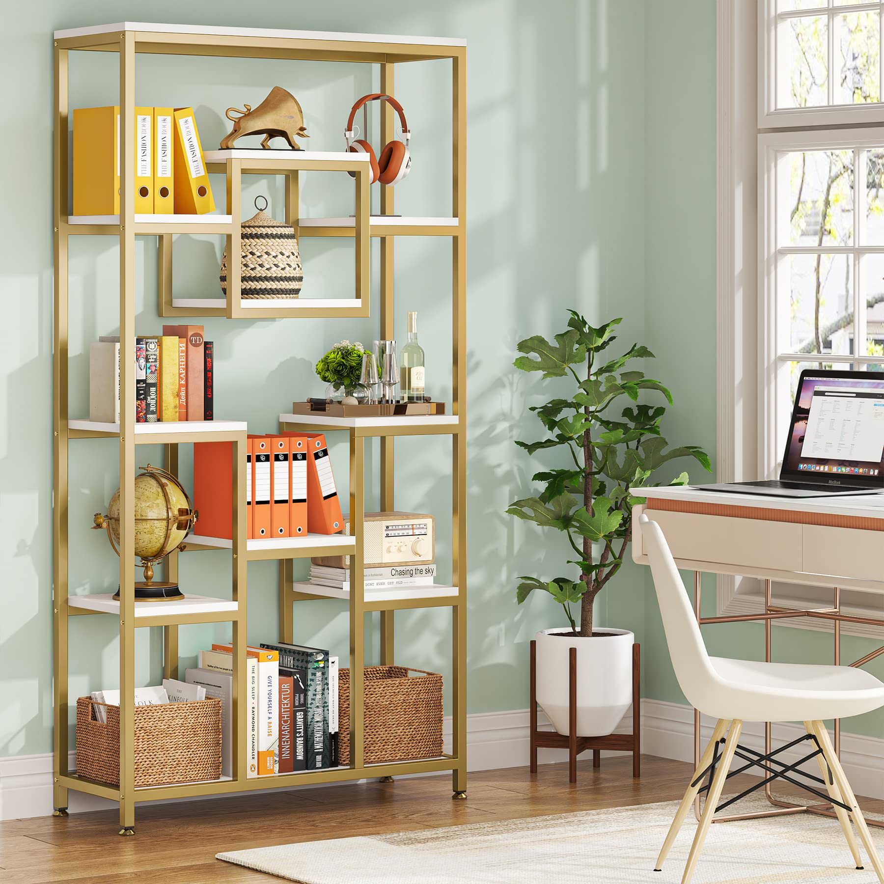 Tribesigns Bookcases and Bookshelves, 71โ Tall Bookshelf with Metal Frame, Freestanding Geometric Bookcase with Open Display Shelf for Living Room, Bedroom, Home Office, White and Gold