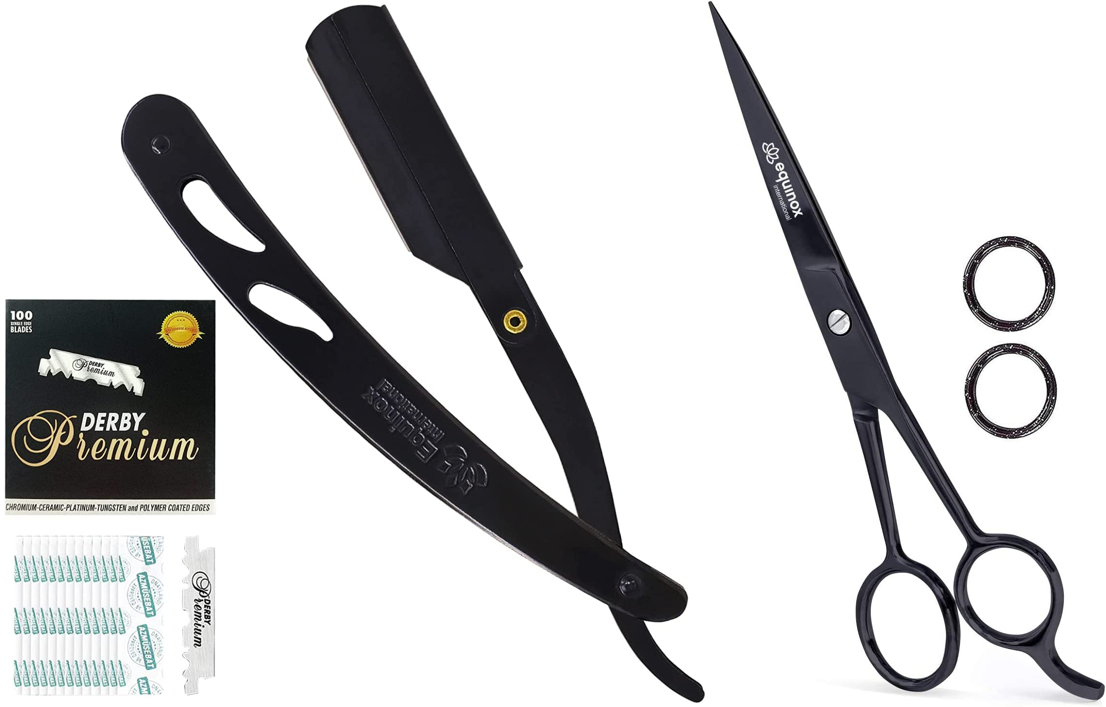 Equinox Professional Straight Edge Razor with 100 Single Derby Straight Razor Blades and Professional Hair Cutting Scissors