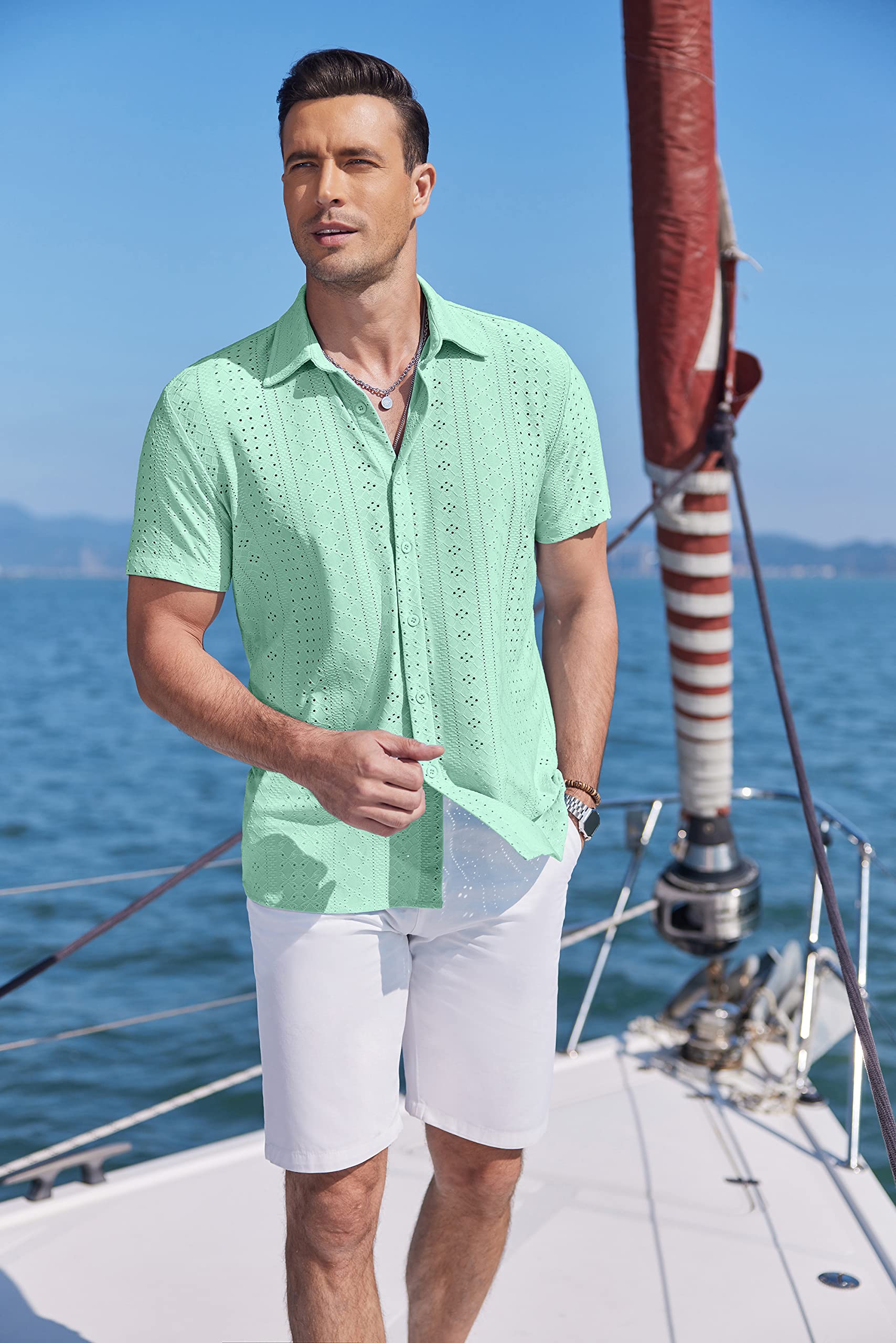 COOFANDY Mens Button Down Beach Shirt Short Sleeve Casual Vacation Shirts Summer Tropical Shirts Tops Mint Green