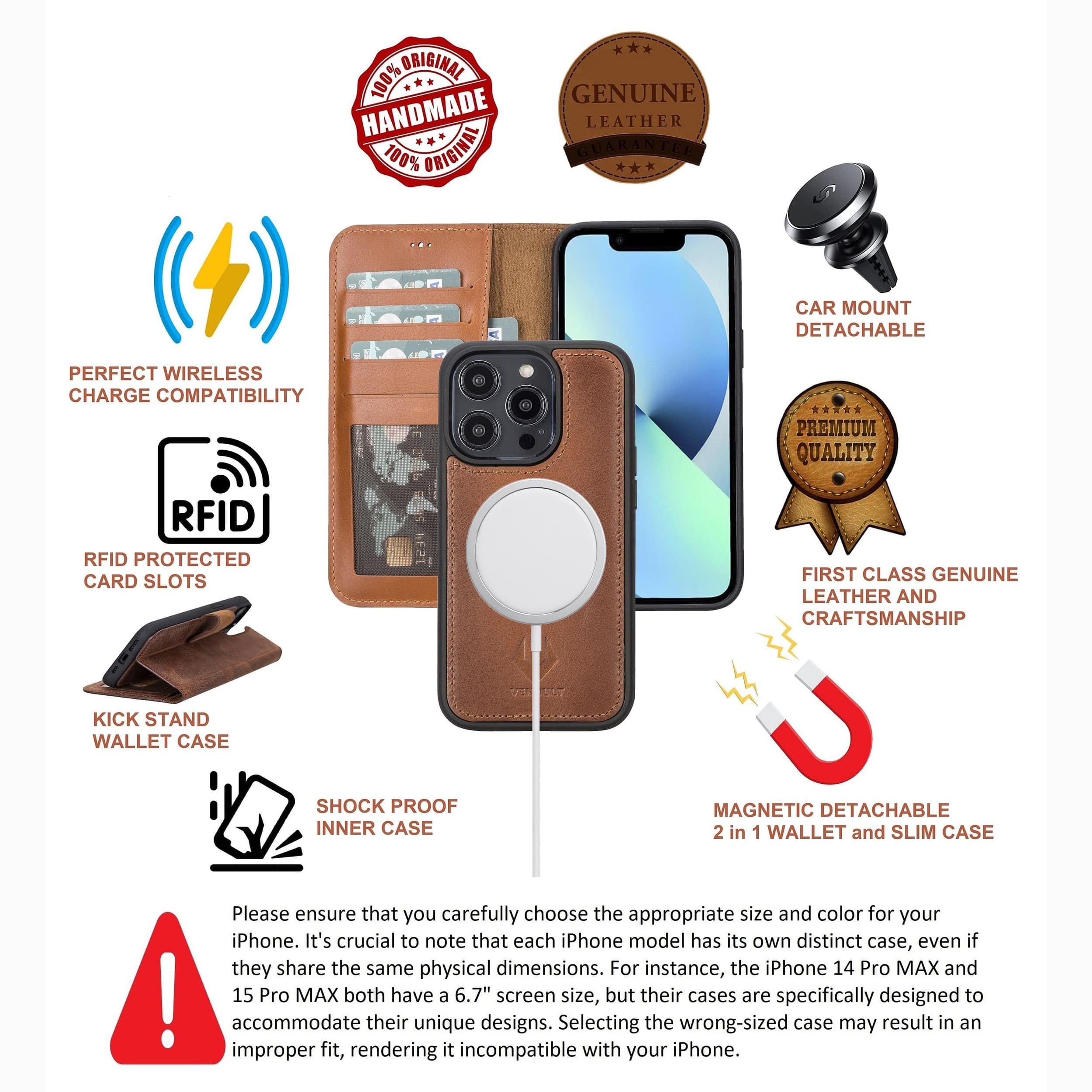 VENOULT Wallet Case for iPhone 16 Pro MAX 6.9" / 16 Pro 6.3" / 15 Pro MAX /14/13 Pro and All Previous Series, [Compatible with MagSafe], Man or Women, 4 Card Holder, Full Grain Genuine Leather, RFID