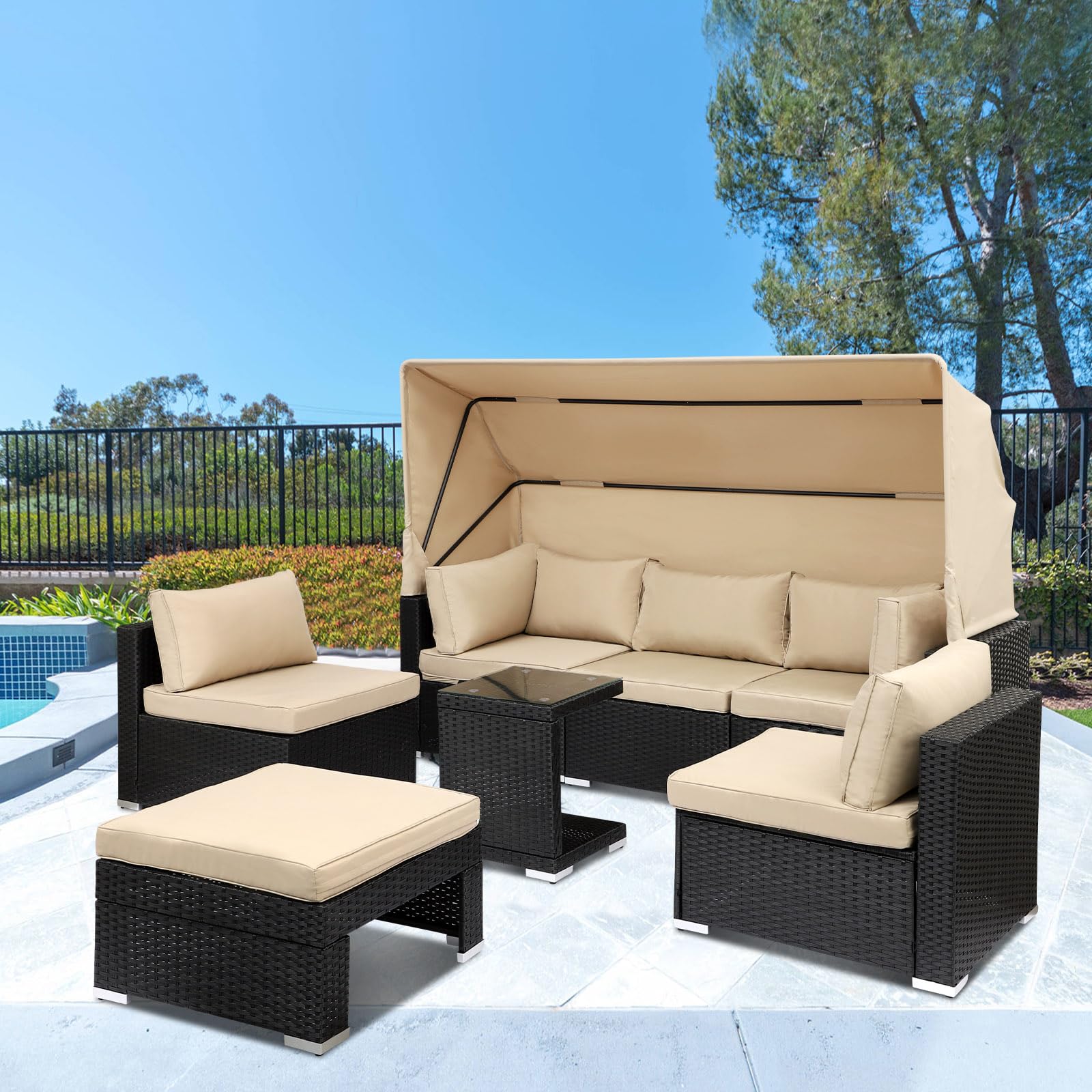 TITIMO 7 Pieces Patio Furniture Set Outdoor Conversation Set Daybed with Retractable Canopy Patio Sectional Rattan Sofa Set with Table for Poolside (Black Rattan Beige Cushion)