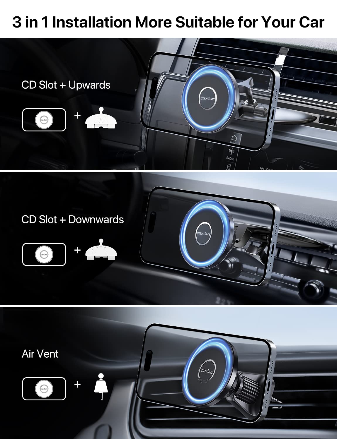 Ciencimy CD Car Mount Compatible with MagSafe iPhone 15 14 13 12 Pro Max Plus, [Built-in Metal Steel] Magnetic CD Slot Phone Holder & [Stable Metal Hook] Car Vent Phone Mount