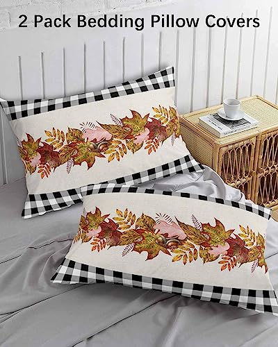Edwiinsa Thanksgiving Pillow Covers Standard Size Set of 2 Bed Pillow, Farmhouse Fall Maple Leaf Black White Plaid Plush Soft Comfort for Hair/Skin Cooling Pillowcases with Envelop Closure 20''x26''