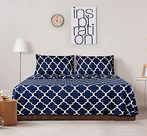 Utopia Bedding Queen Sheet Set, Soft Microfiber 4 Piece Bed Sheets with 16" Deep Pocket - Easy Care Brushed Microfiber (Quatrefoil - Navy)