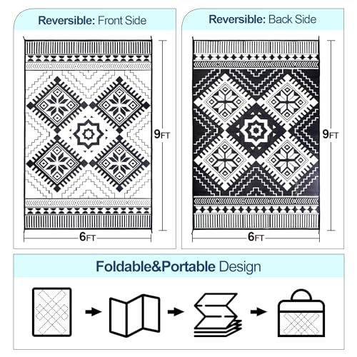 DiiKoo Outdoor Rug Mat for Patio, 6x9ft Waterproof Reversible Plastic Straw Rugs, Camping Carpet Area Mats for RV, Porch, Deck, Backyard, Balcony, Camper, Picnic, Beach, Trailer, Black & White