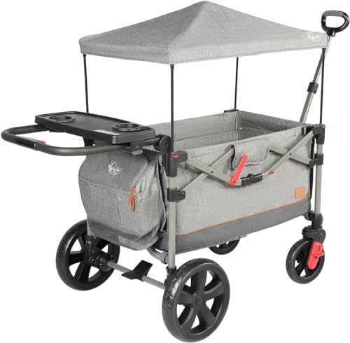 Busy Bee Foldable Wagon Stroller for 2 Kids, Push Pull Collapsible Kids Wagon with Adjustable Handle Bar, Removable Canopy, 5-Point Harness, Shock-Absorbing Wheels, Grey
