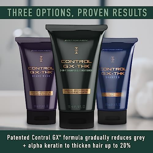 Just for Men Control GX + THK Grey Reducing and Thickening 2-in-1 Shampoo & Conditioner with Alpha Keratin, Thickens Hair Up to 20%, Works with Every Hair Texture, 4 oz (Pack of 1)