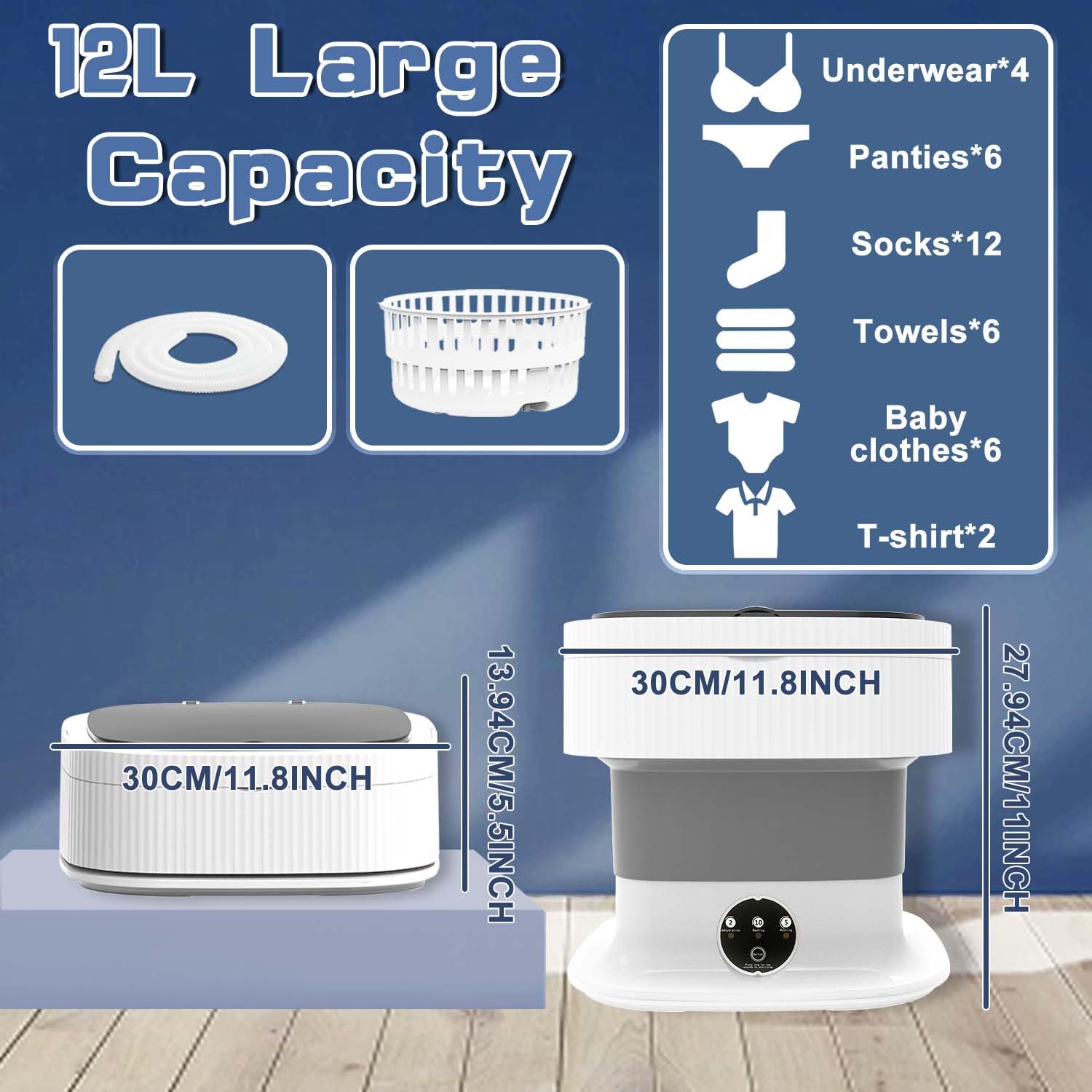 Foldable Washing Machine, 12L Portable Washer with 3 Modes, Collapsible Mini Washing Machine with Spin, Small Washer and Dryer Combo for Baby Clothes, Socks (Grey)