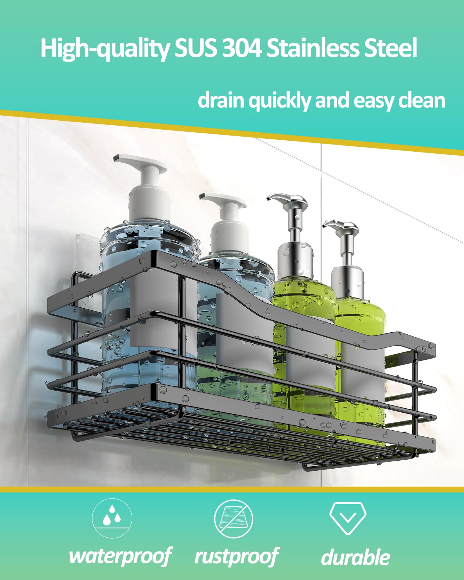 BOROY Bathroom Organizer, 4 Pack No Drilling Shower Caddy with Hooks, Wall Mout Rustproof Stainless Steel Storage Basket for Shower Room, Dorm and Kitchen
