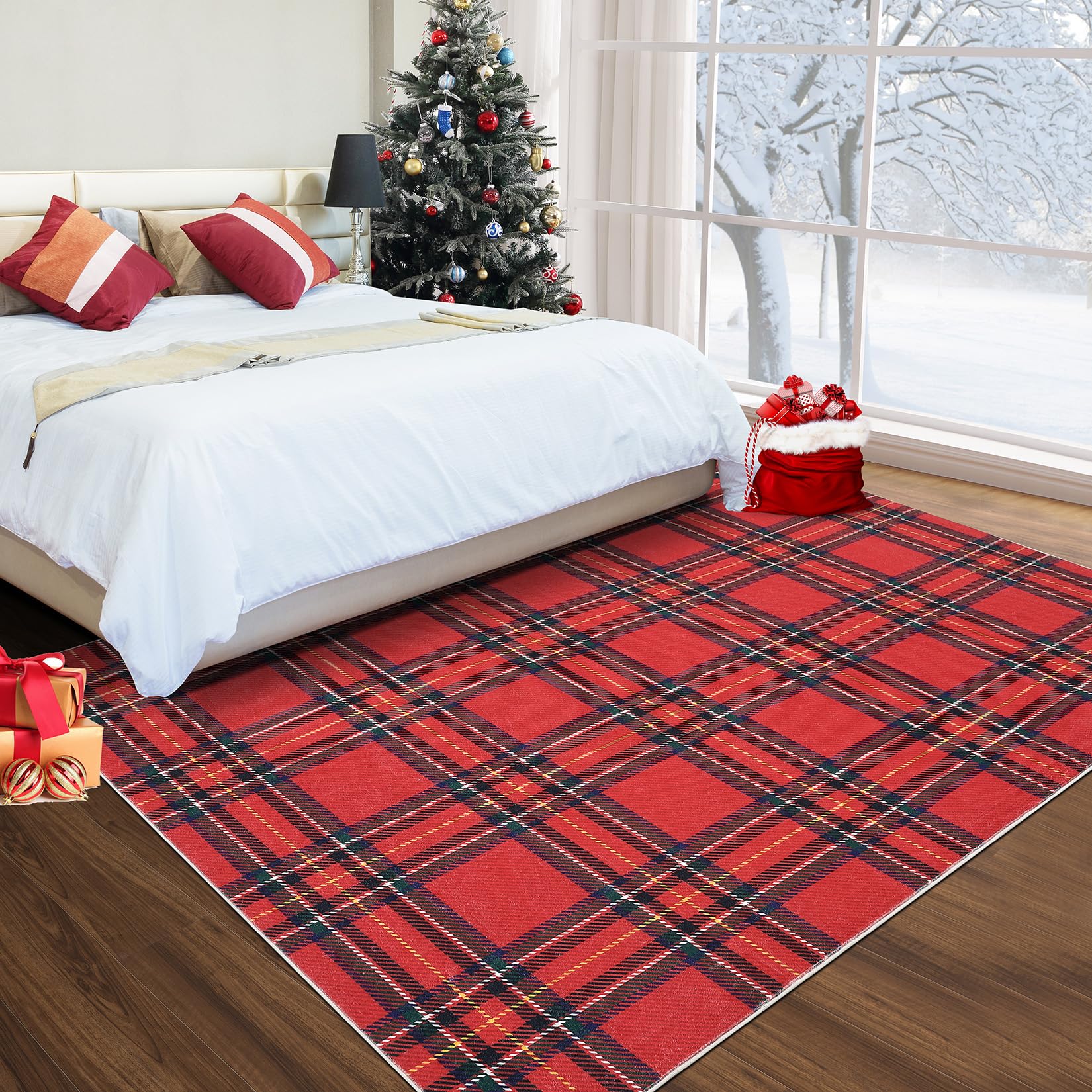 GarveeHome Christmas Runner Rug 2x6 Washable Plaid Area Rug Xmas Decor Pinecone Non Slip Kitchen Rugs Bath Mat Low Pile Entryway Rug Soft Stain Resistant Carpet for Laundry Entance Border|Red 2'x6'