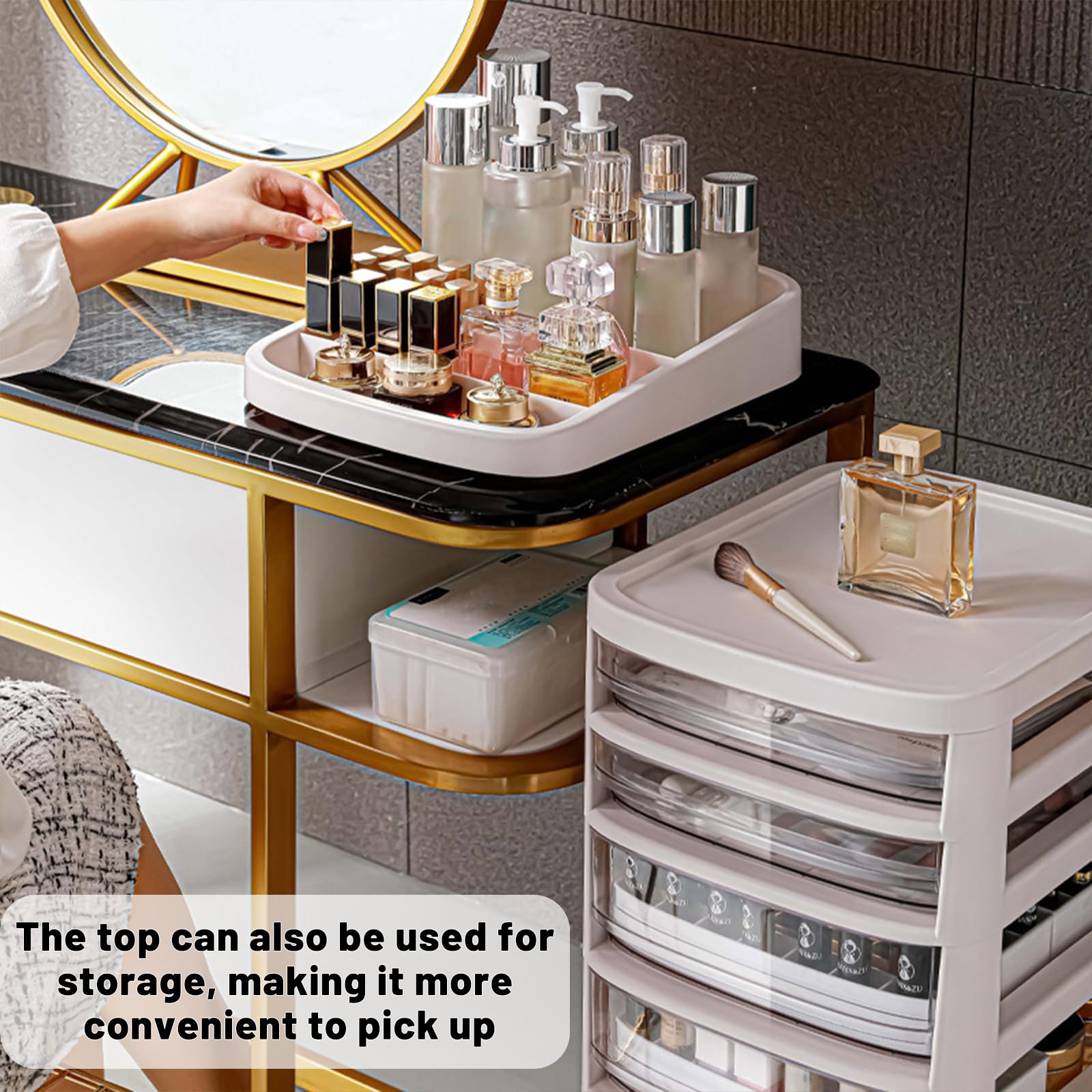 HamRoRung Makeup Storage Organizer with Drawers, Put 35 Lipstick, 18 Eyeshadow and 20 Brushes, Makeup Storage Cabinet, Floor Makeup Organizer with Wheels for Bedroom, Bathroom, Near the Vanity