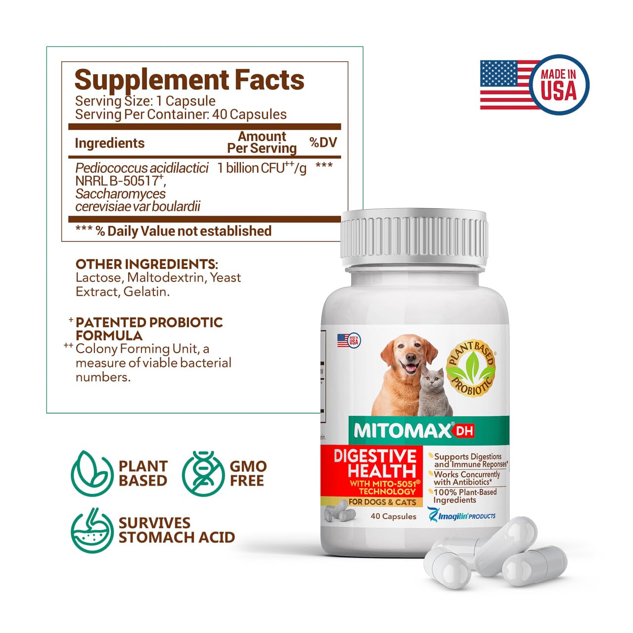 Imagilin Technology, LLC MitoMax-Premium probiotics for Dogs and Cats, 40 Capsules per Bottle