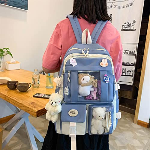 Kawaii Backpack 5Pcs School Backpack Aesthetic School Bag with BadgePlush Pendan Shoulder BagPencil BoxTote BagSmall Bag(blue rice)