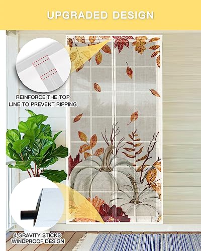 OComster Thanksgiving Magnetic Screen Door, Grey Pumpkin Orange Leaves Bulap Fall Hands Free Screen Mesh Size 38'' x 83'', Reinforce Heavy Duty Mesh Screen Doors for Patio/Front/Sliding Door
