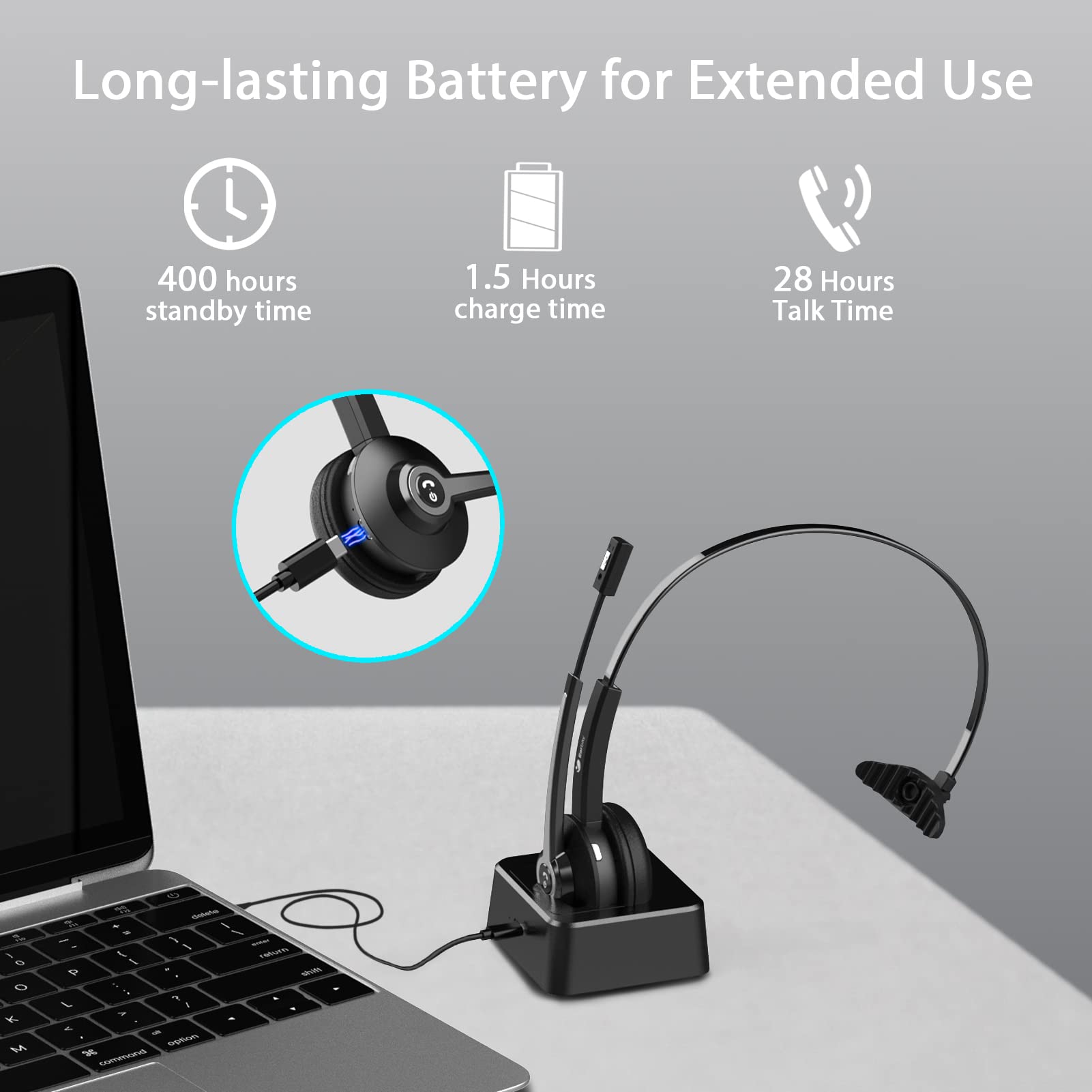 Earbay Wireless Headset, Bluetooth Headset with Microphone Noise Cancelling & Mute, Wireless Headphones with 28h Talk Time for Work,White Computer Headset for Office Skype Zoom Call Center