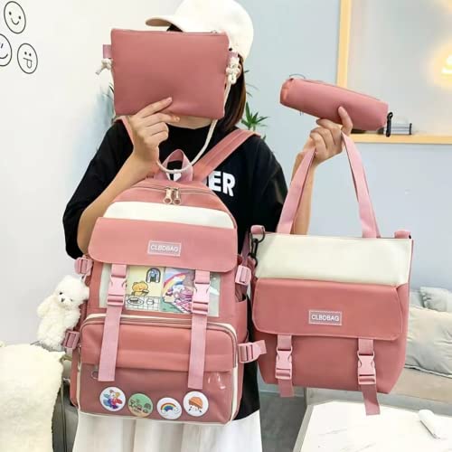 Kawaii Backpack Casual Bags Cute Aesthetic Backpacks with badge and pendant, shoulder bag, pencil case, handbag (Pink)