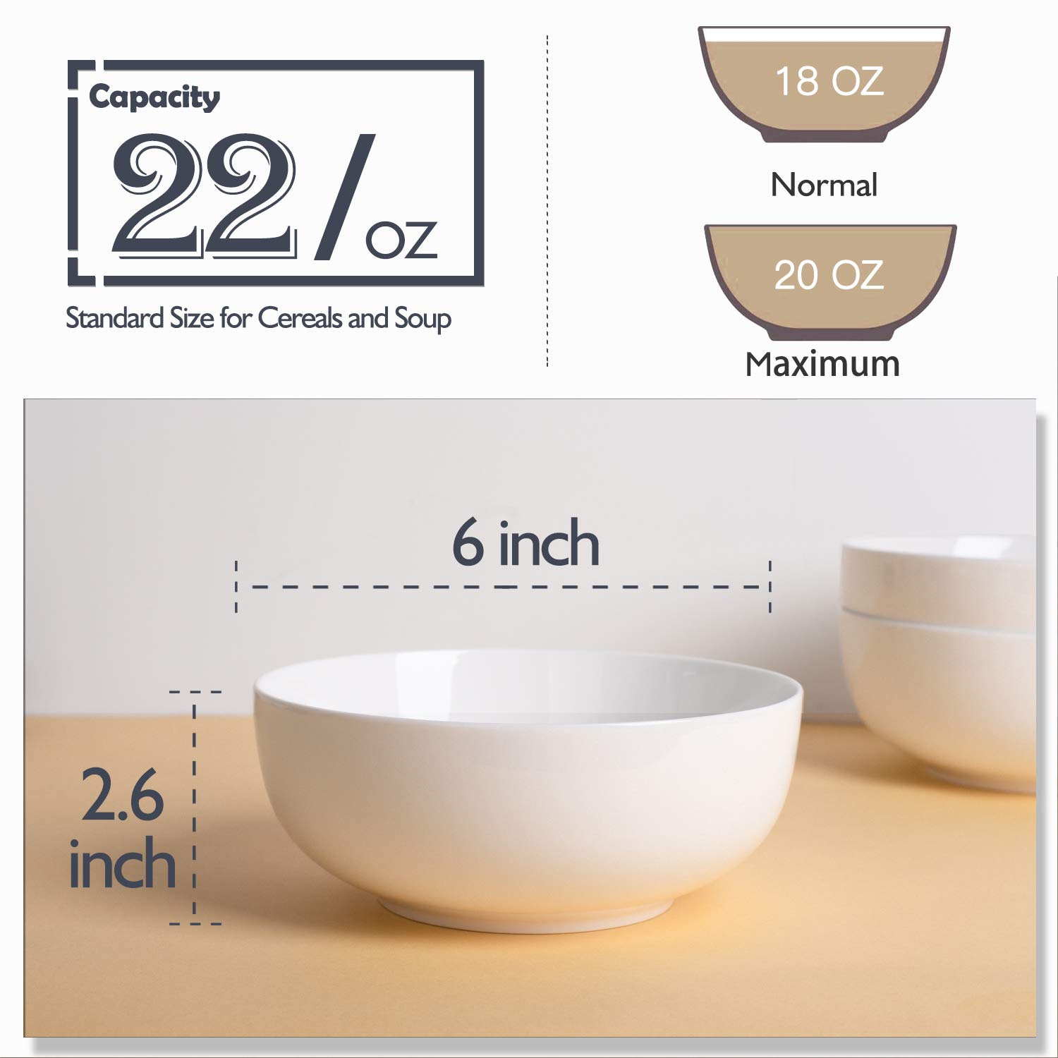 DELLING 22 Oz Ceramic Soup Bowls Set, 6.6" White Porcelain Mixing Bowls, Large Serving Bowls for Kitchen, Cereal, Snack, Rice, Pasta, Salad, Oatmeal, Set of 3, Microwave and Dishwasher Oven Safe