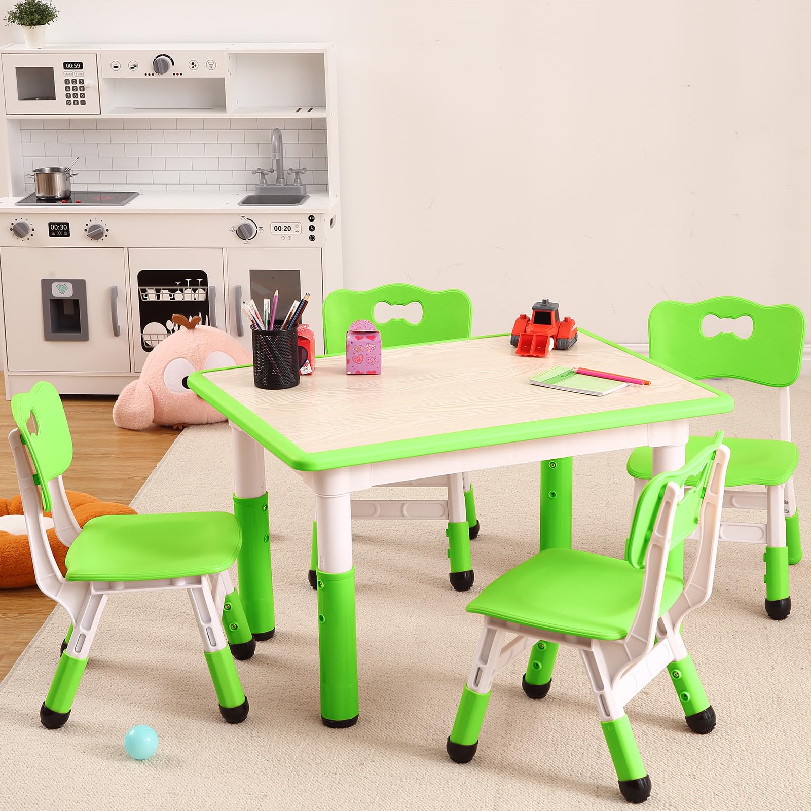 GarveeHome Kids Table and 4 Chairs Set, Toddler Height Adjustable Desk with Graffiti Desktop, Non-Slip Legs, Max 300lbs,Arts & Crafts Table,Children Multi-Activity Table for Classrooms,Home,Daycares