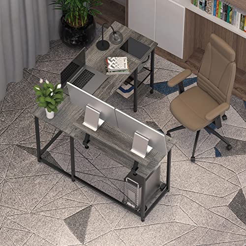 PONROL L Shaped Computer Desk with Storage Drawer Shelves and Monitor Stand, Modern Reversible Corner Gaming Table Sturdy Writing Workstation for Home Office