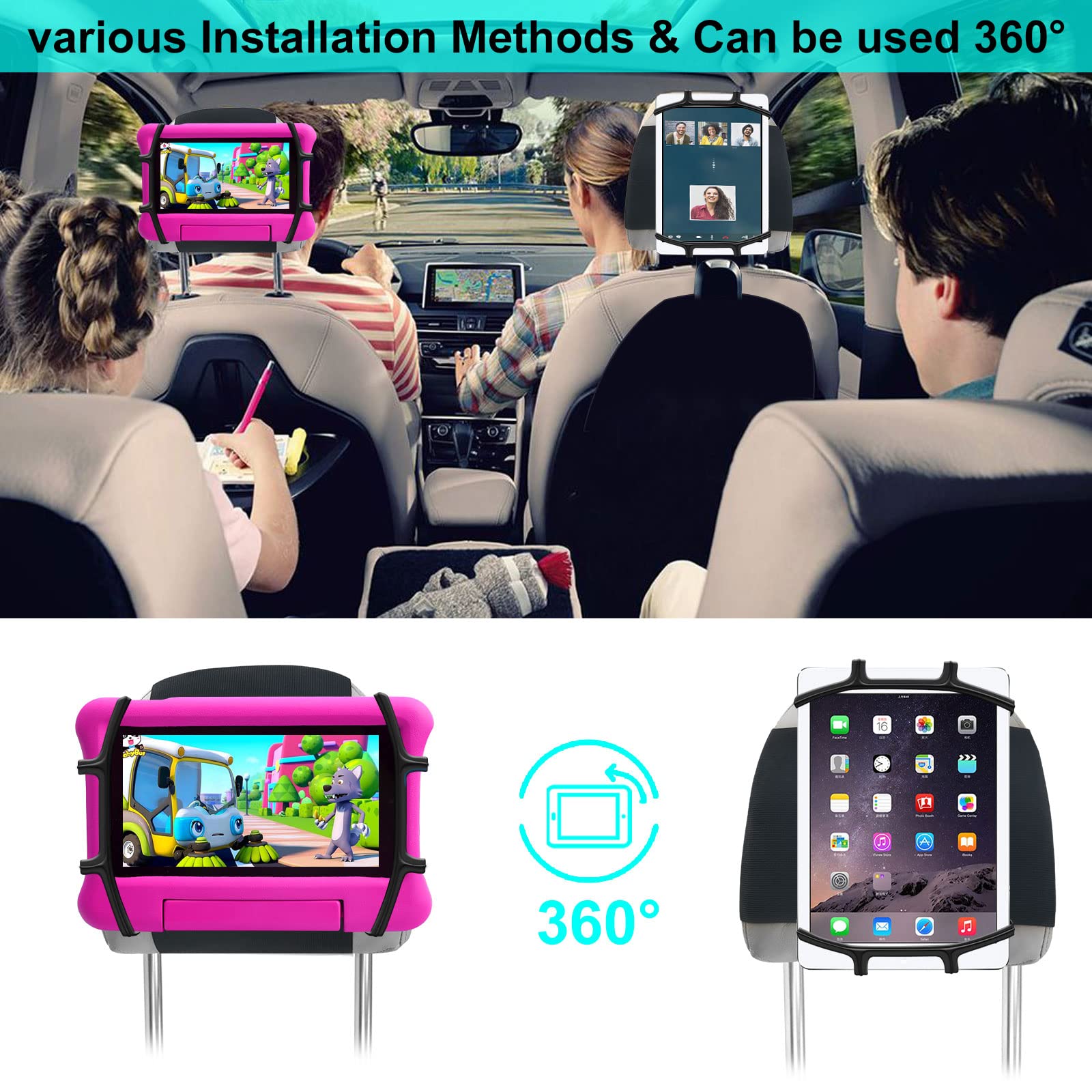 Car Tablet Holder,Car Headrest Mount Holder for Car Back Seat with Silicone Holding Net and Anti-Slip Strap,Angle-Adjustable Fits All 7-12.9" Tablets
