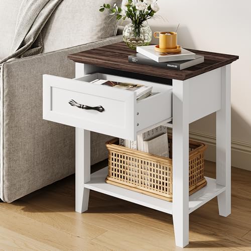 GarveeHome Nightstands, End Table with Drawer, Side Table for Living Room, 2 Tiers Storage Shelves Bedside Table for Study Room, Bedroom, Dorm, 2pcs-White
