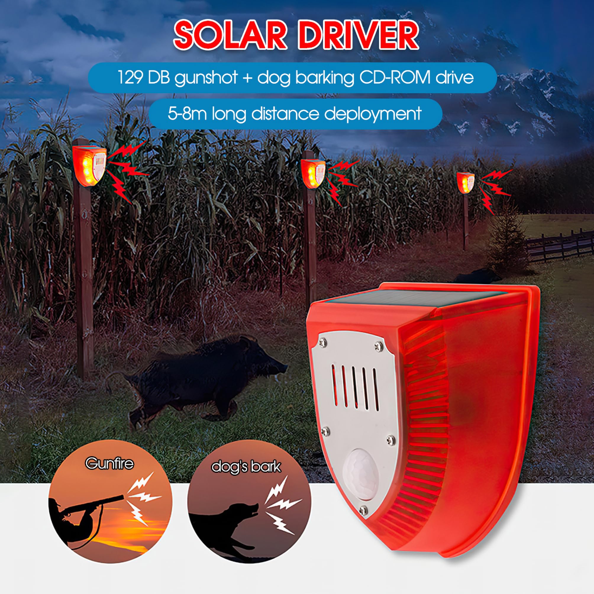 Comboss Solar Outdoor Motion Sensor Alarm, Barking Dog Motion Sensor, Barking Dog & Gunshot Sound 129bd Super Loud Noise Strobe Light with USB Charge Cable 3 Work Modes for Farm, Villa Yard