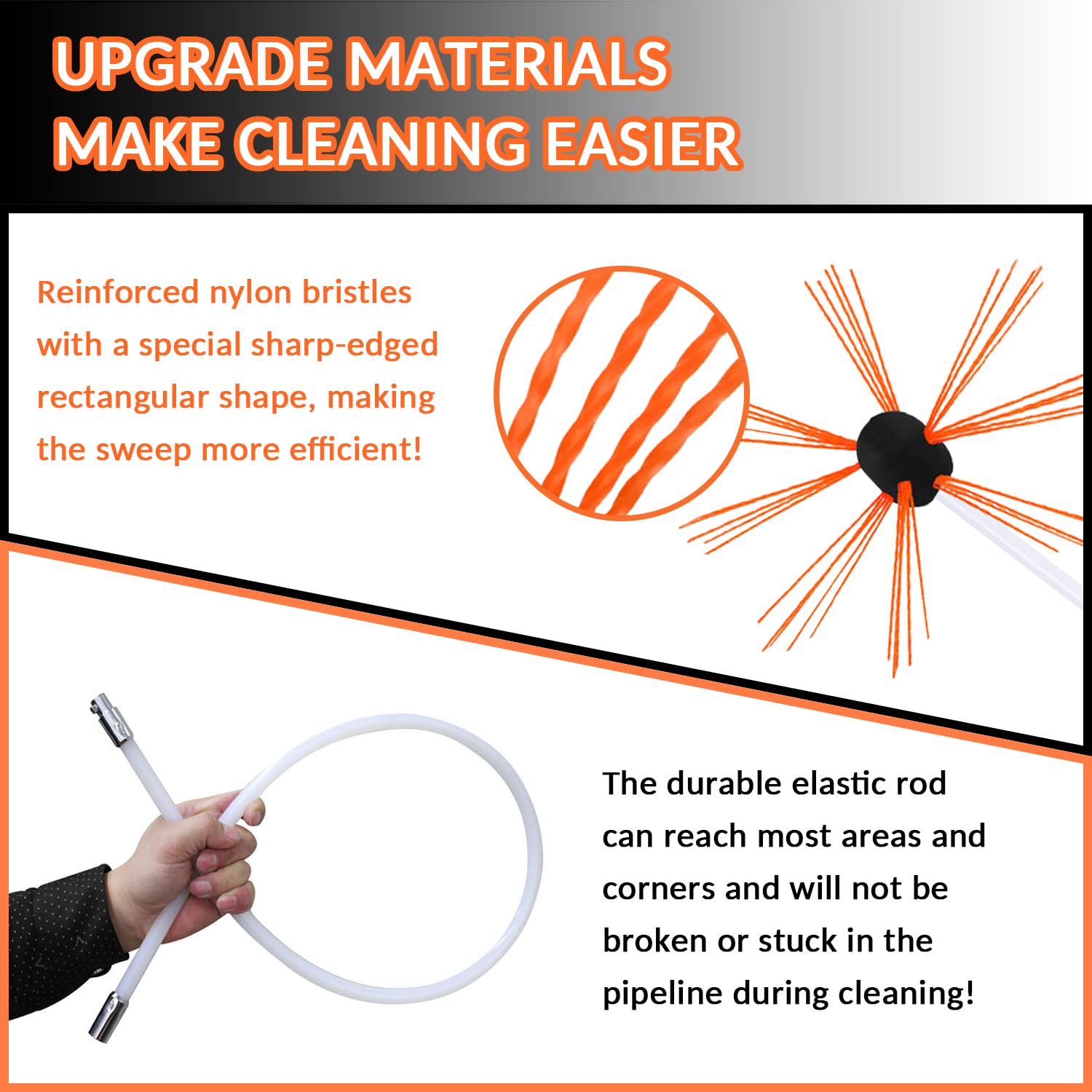 Chimney Sweep Kit, 33 Feet Chimney Brush, Powerful Chimney Cleaning Kit with 10 Flexible Rods, Premium Chimney Sweep Brush for Fireplace Flue, Durable Chimney Brush Kit System