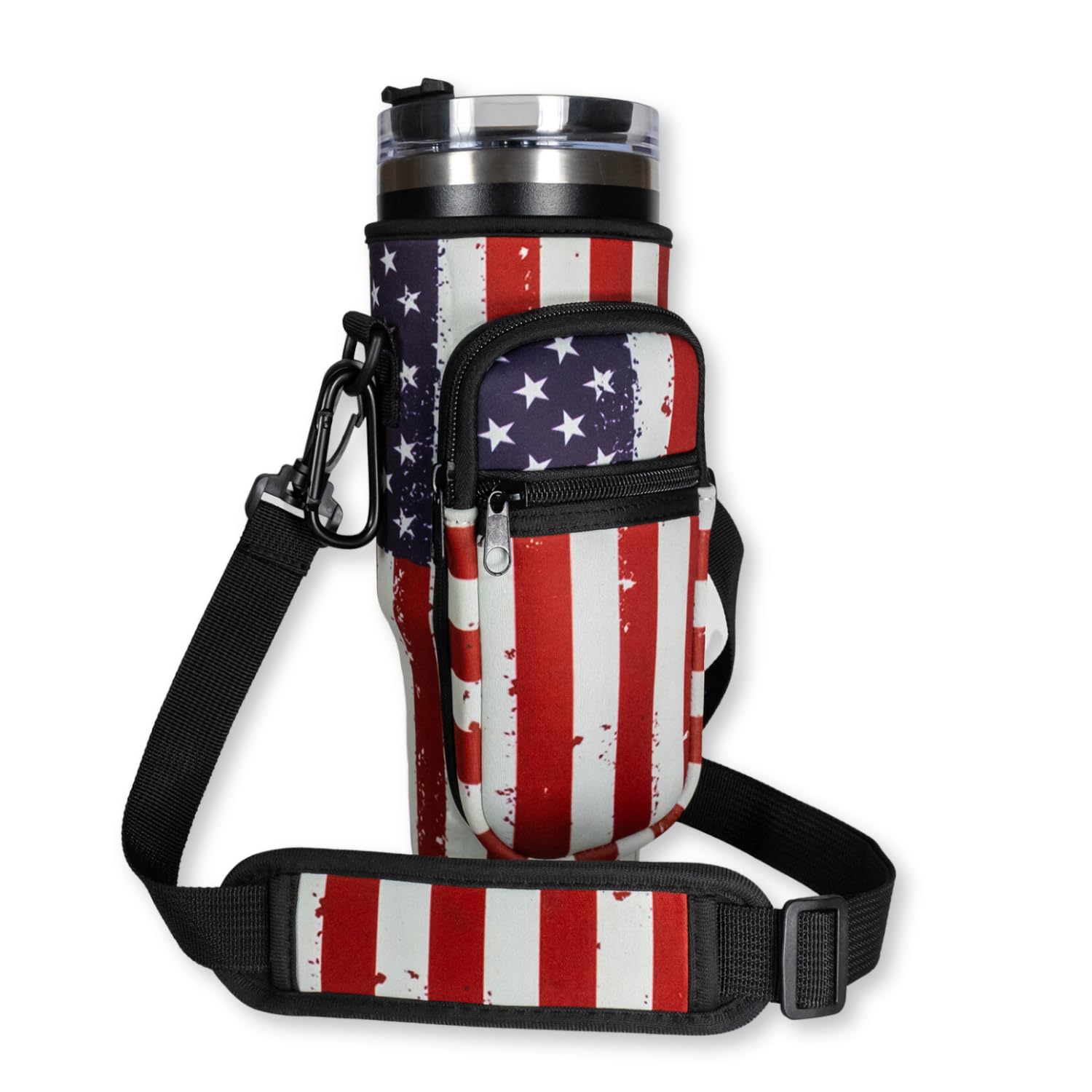 BUTSYCOL Water Bottle Bag with Strap, Stanley 40 oz Tumbler with Handle Accessories, Stanley Holder with Strap and Pouch Sleeve for Gym, Stanley Cup Accessories 40 oz (American Flag)