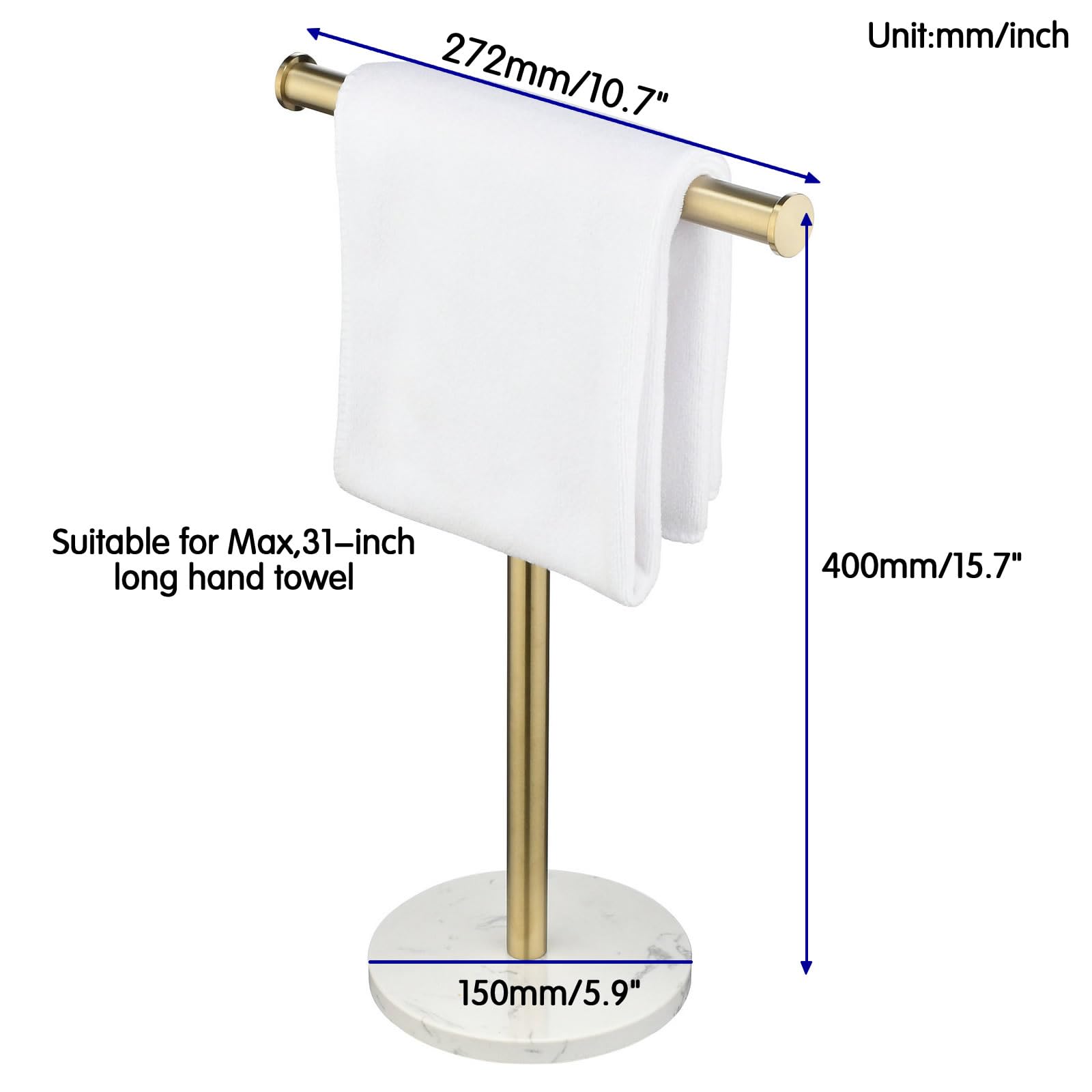 Hand Towel Holder Stand with Marble Base, Single T-Shape Brushed Gold Towel Rack, Hand Towel Stand for Bathroom Countertop,Gold Freestanding Towel Rack