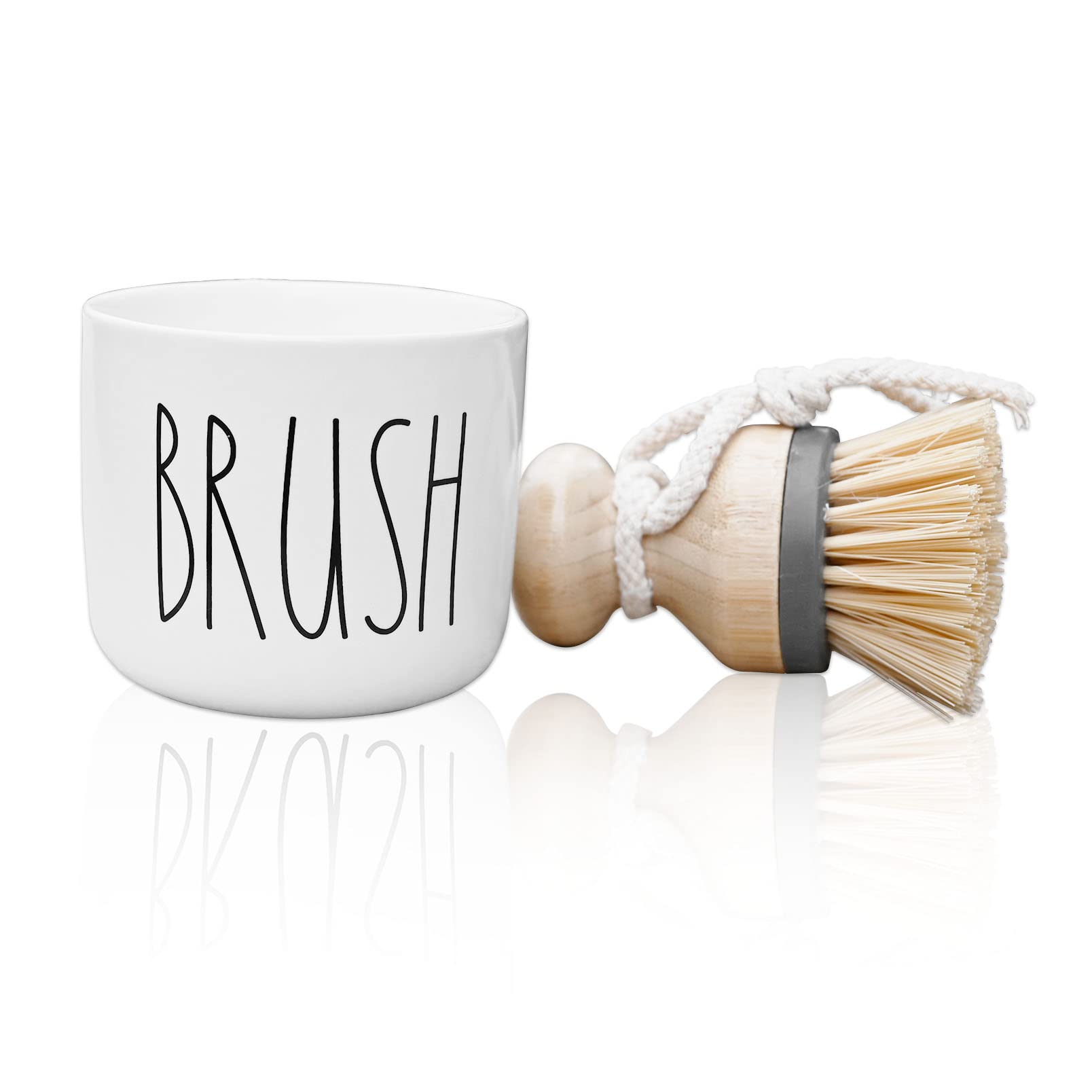 Dish Brush with Holder, Bamboo Handle Dish Scrubber with Ceramic Stand, Bubble Up Dish Brush Set, Farmhouse Dish Cleaning Tools, Dish Washing for Kitchen Sink, Bathroom, Household Cleaning (White)