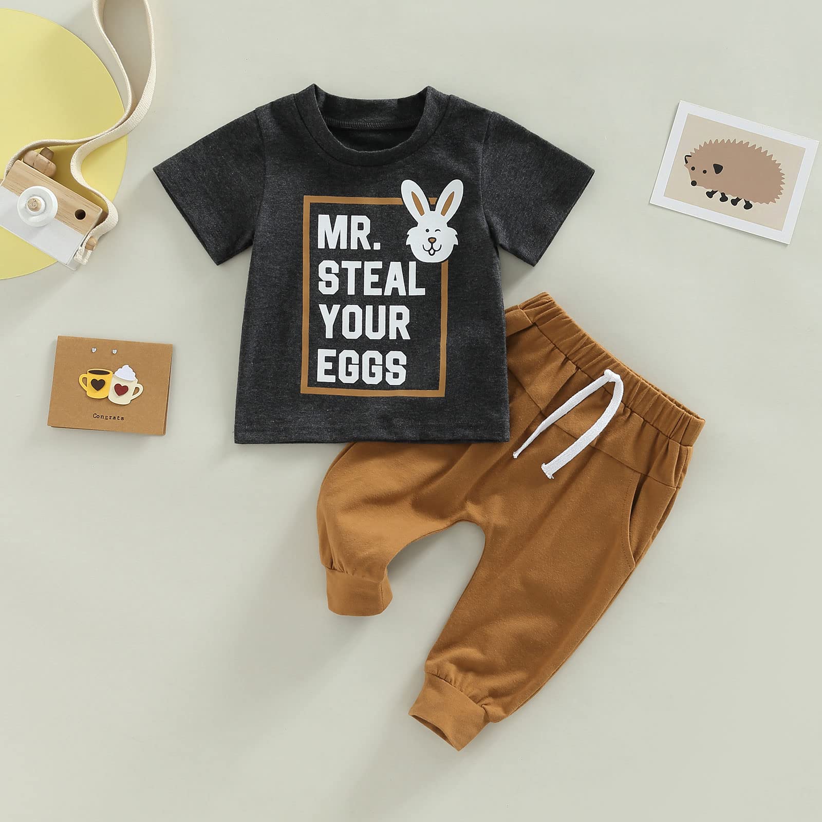 Easter Baby Boys Pants Set Short Sleeve Crew Neck Letters Rabbit Print T-Shirt +Sweatpants (Gray-Mr Steal Your Eggs, 6-12 Months)