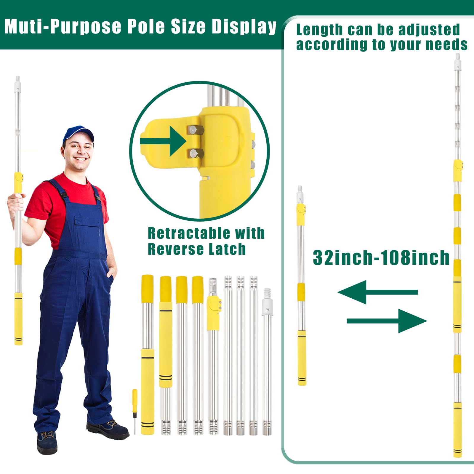 Frebuta Multi-Function Extension Pole, 2Ft to 10Ft Paint Roller Telescopic Extension Pole Heavy Duty Extendable Pole Light Bulb Changer with Long Handle Stainless Steel Tube Sturdy for Cleaning